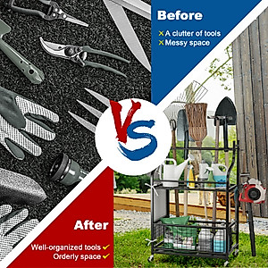 Goplus Garden Tool Organizer, 3-Tier Garage Tool Storage Cart w/Removable Hooks, Side Bag, Universal Wheels, Yard Tool Rack Holder, Metal Tool Rolling Cart for Shed, Lawn