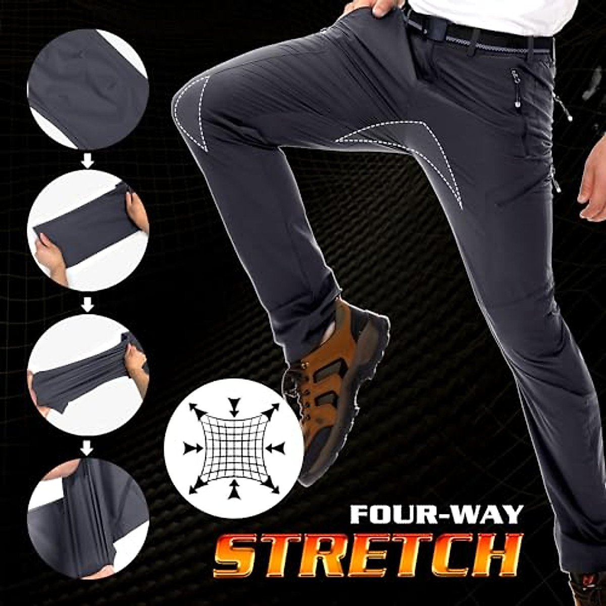 NOUKOW Men's Outdoor Hiking Pants, Quick Dry Lightweight Waterproof Work Pants for Men, Stretch Joggers Golf Travel Pants with 6 Zip Pockets and Belt Dark Grey