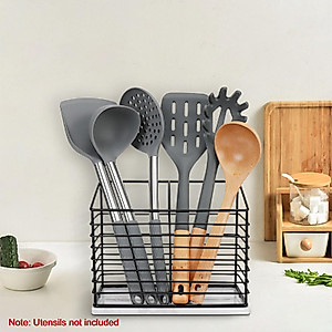 Jeasor Utensil Holder for Kitchen Counter, Metal Utensil Holder Rack for Kitchen Countertop, Cooking Tools Storage for Spatula, Utensil Organizer with Sturdy Base, and Drainage Hole (Black Marble)