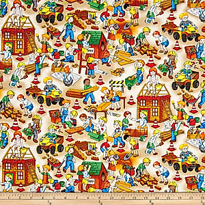 Building 101 Tiny Builders Ecru, Quilting Fabric by the Yard