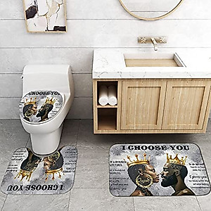 MrLYouth 4PCS African King and Queen Bathroom Shower Curtain Sets with Rugs Man 12 Hooks,Toilet Lid Cover ,Non-Slip Rug Bath Mat Starry Afro Girl Decor Sets, 71x71inch