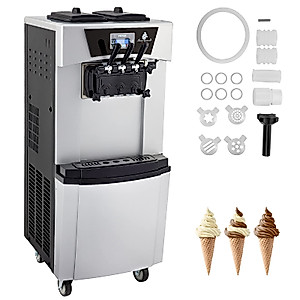 VEVOR Commercial Ice Cream Machine, 20-30L/H Yield, 2+1 Flavors Soft Serve Machine w/Two 7L Hoppers 1.8L Cylinders Puffing Pre-Cooling Shortage Alarm, 2450W Frozen Yogurt Maker for Snack Bar Café