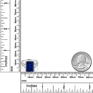 925 Silver and 10K Yellow Gold Blue Simulated Sapphire Moissanite and Diamond 3 Stone Ring For Women (7.66 Cttw, Gemstone Birthstone, Emerald Cut 12X10MM, Available In Size 5, 6, 7, 8, 9)