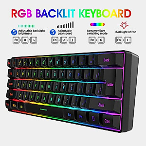 Snpurdiri 60% Wired Gaming Keyboard, RGB Backlit Ultra-Compact Mini Keyboard, Waterproof Small Compact 61 Keys Keyboard for PC/Mac Gamer, Typist, Travel, Easy to Carry on Business Trip(Black)
