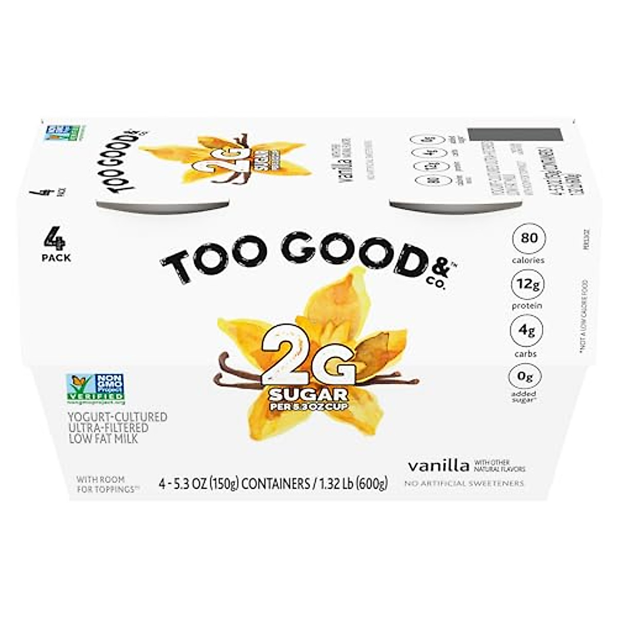 Two Good Low Fat Greek Yogurt, Vanilla, Lower Sugar, Gluten Free, With 2g of Sugar, 5.3 oz., 4 Pack