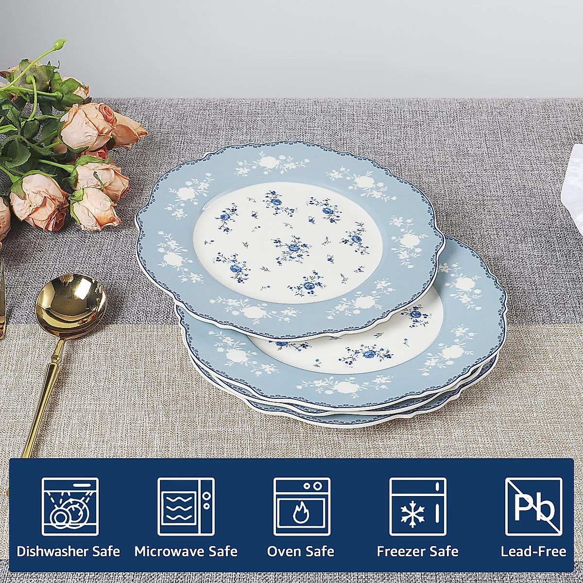 fanquare 8 Inch Porcelain Dessert Plates Set of 4, Lace Serving Bowls Set for Salad, Soup, Pasta, Snack, Blue Roses