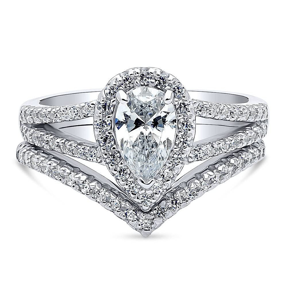 BERRICLE Sterling Silver Halo Wedding Engagement Rings Pear Cut Cubic Zirconia CZ Split Shank Ring Set for Women, Rhodium Plated Size 7.5