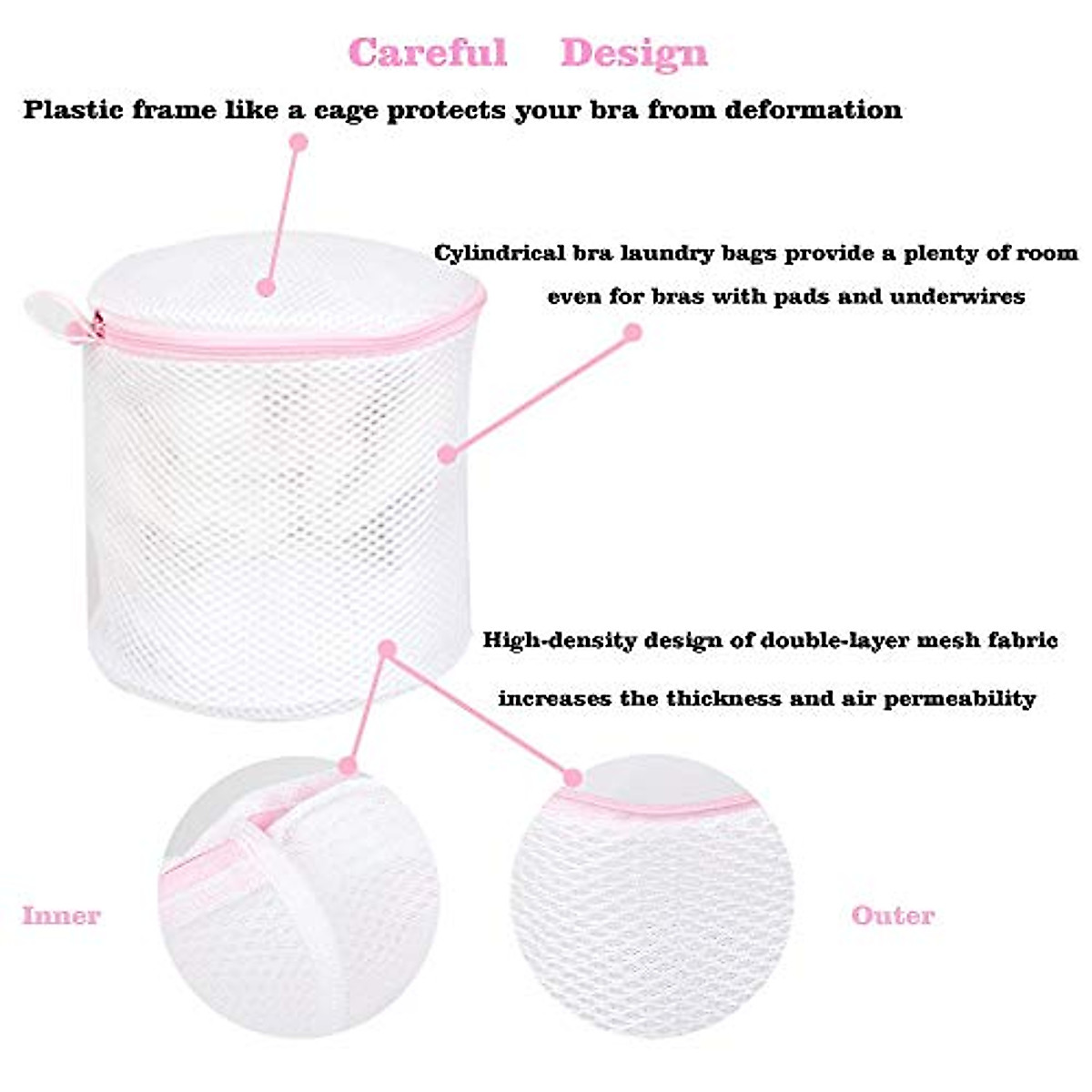 Wanapure Bra Wash Bag, Mesh Laundry Bag with Zipper for Lingerie, Delicates, Intimates, Panties, Lace, Underwear, Socks, Tights, Stocking, Washing Machine (Pink & Purple, 5 Pack (3 Regular & 2 Large))