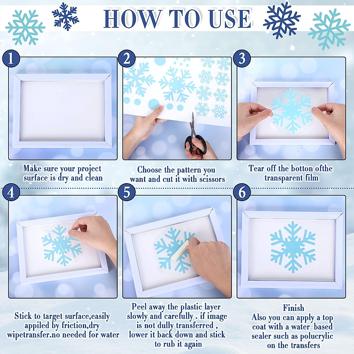 Whaline 4 Sheets Snowflake Rub on Transfers 16 x 12 Inch Winter Christmas Snowflake Transfer Stickers Xmas Blue White Furniture Decals for Crafts Wood Fabric Journal Envelope Scrapbook