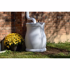 FCMP Outdoor Catalina 45-Gallon Rain Barrel – BPA-Free Flat-Back Design with 3.5 Foot Garden Hose, Shut-Off Thumb Valve, and Fixed Lid, Light Granite