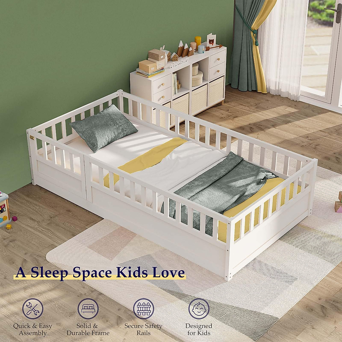 Tatub Twin Floor Bed with Elevated Safety Guardrails and Door, Montessori Floor Bed for Kids, Wood Kids Floor Beds Frame, Twin-White