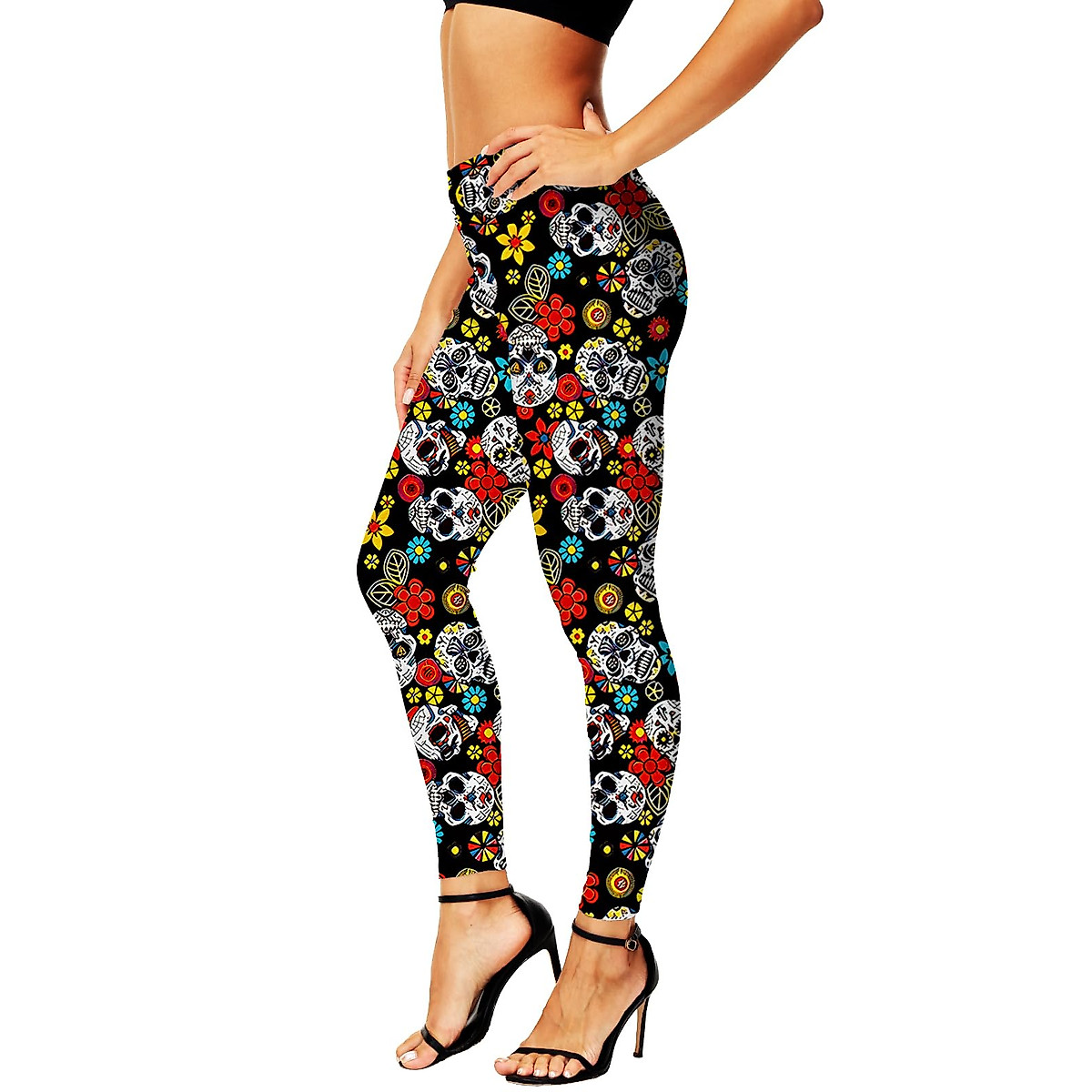 AOBUTE Women's Halloween Leggings Scary Skull Printed High Waist Yoga Pants Day of The Dead Tights L