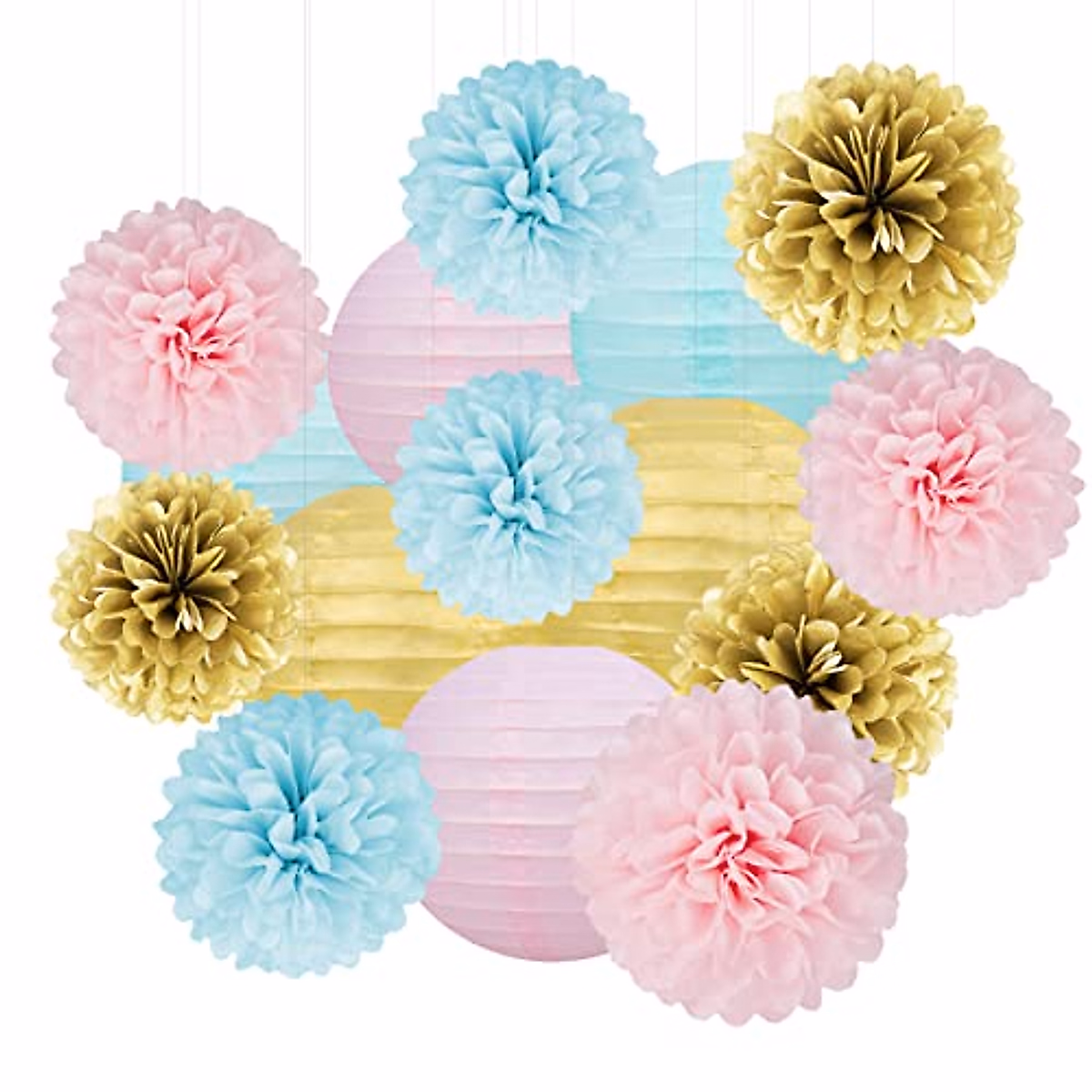 Gender Reveal Decorations Blue Pink - 15pcs Tissue Paper Flowers Pom Poms Lanterns Baby Gender Reveal Party Supplies Gender Reveal Theme Decor Gold Birthday Hanging Decor Ideas
