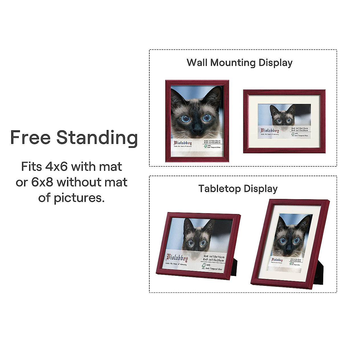 VIOLABBEY 6x8 Picture Frame Red, Photo Frame Set of 4, Display 4x6 Photo with Mat and 6x8 without Mat, Wall or Tabletop, HD Real Glass