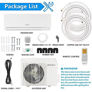 ROVSUN 18,000 BTU Ductless Mini Split AC/Heating System, 230V / 19 SEER Split-System Wall Air Conditioner Pre-Charged Inverter Heat Pump with 16ft Installation Kit (1 set)