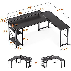 ODK L Shaped Gaming Desk, 61" Corner Computer Desk with Monitor Stand & Storage Shelf, Sturdy Home Office Desk, Black