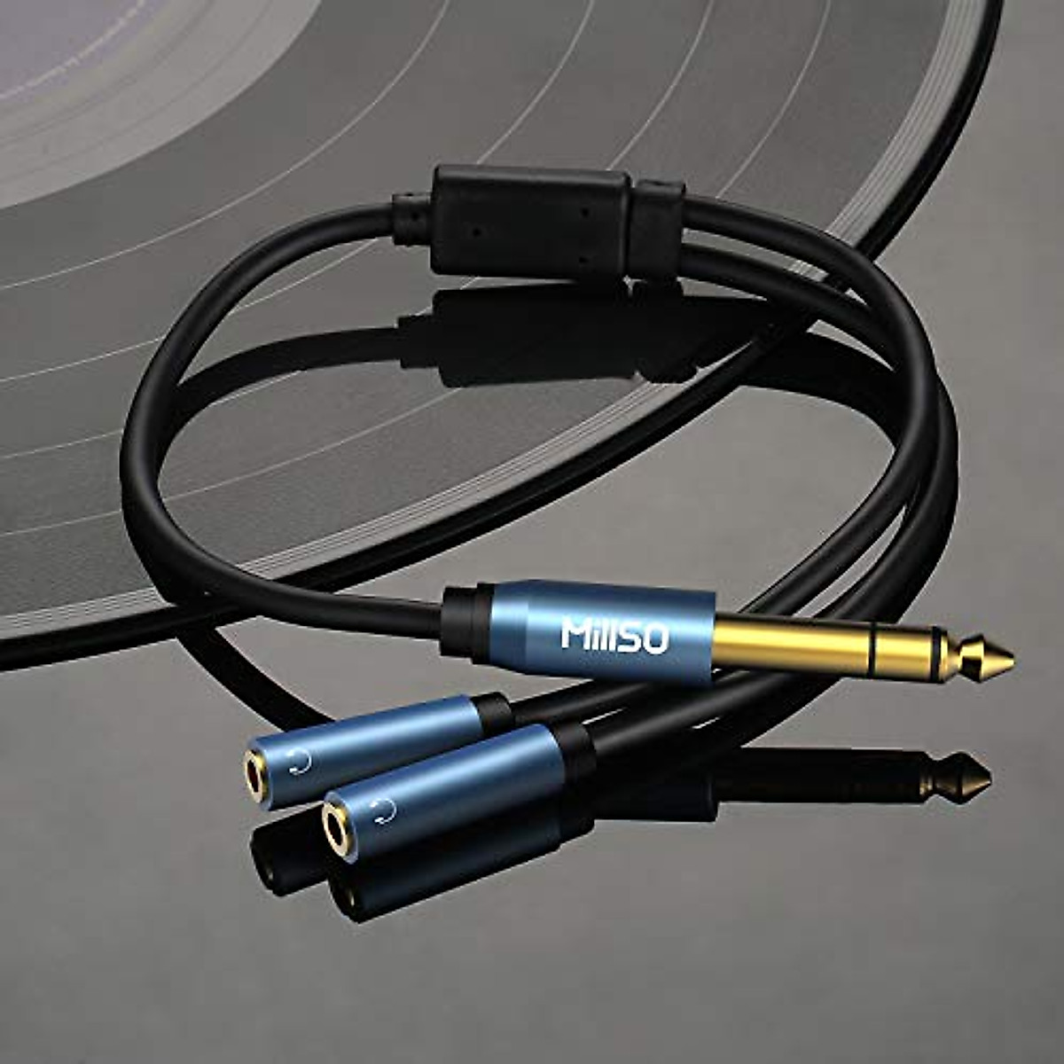 MillSO 6.35mm 1/4 Male to Dual 3.5mm 1/8 Female Headphone Adapter, TRS Stereo Sapphire Blue & Gold-Plated Audio Splitter for Amplifiers, Guitar Amp, Keyboard Piano, Home Theater, Mixer - 12 inch