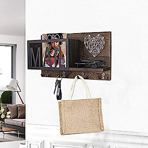 FREEDHIN Mail Organizer Wall Mount with 4 Key Hooks, Key Holder for Wall Wooden Mail Sorter Organizer and Floating Shelf Rustic Home Decor for Entryway or Mudroom (Dark Brown)