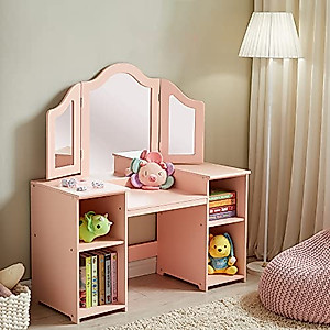 Kovhzcu Kids Vanity, 2 in 1 Princess Makeup Vanity Storage Cabinet with Detachable Top, Girls Vanity Set with Tri-fold Mirror, Kids Vanity Set with Mirror Age 3-9 (Pink)