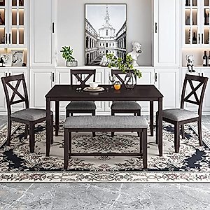 LUMISOL 6 Piece Counter Height Dining Table Set with Bench Farmhouse Style Kitchen Table and Chair Set for 6 with X-Back Chairs for Dining Room and Living Room