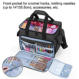 CURMIO Knitting Bag, Yarn Storage Tote with Compartments for Knitting Needles, Crochet Hooks, Knitting Project and Accessories, Bag Only, Black