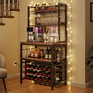 YITAHOME Kitchen Microwave Bakers Stand with Wine Rack, Wine Rack Freestanding Floor, Small Storage Shelves for Liquor Bottle Glasses Power Outlet Farmhouse Coffee Bar 31 Inch, Rustic Brown