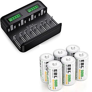EBL LCD Universal Battery Charger - 8 Bay AA AAA C D Battery Charger for Rechargeable Batteries Ni-MH AA AAA C D Batteries with C Rechargeable Batteries 6 Pack