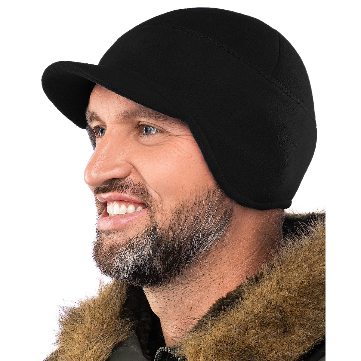 2SBR 2SABERS Fleece Winter Beanie with Visor - Men Women - Earflap Brim Skull Watch Cap Hat Black
