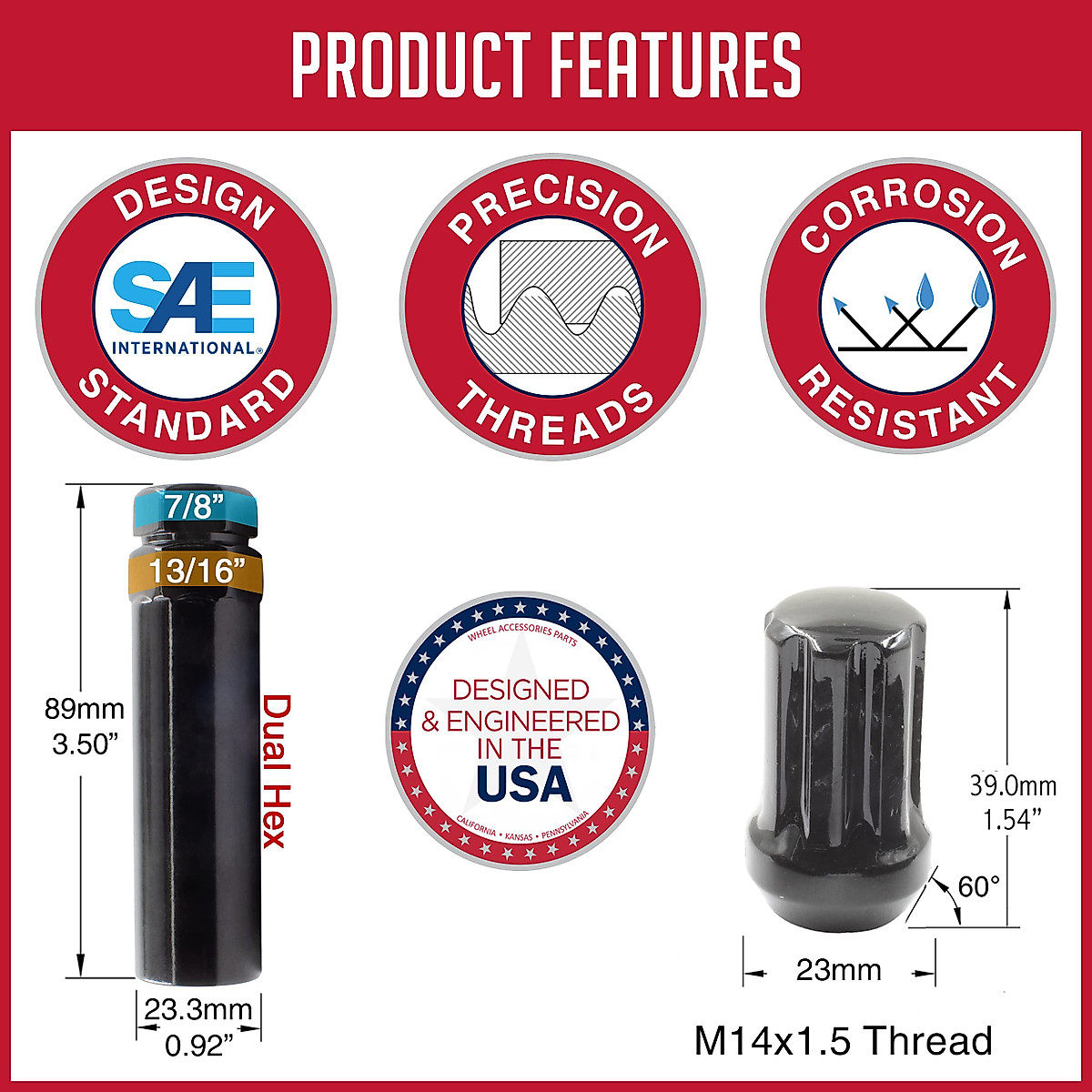 Wheel Accessories Parts 24 Pcs M14x1.5 14x1.5 Thread Short Truck 1.50" Long Lug Nuts Black 7 Spline Fits Jeep Wagoneer Grand Wagoneer 2019+ Ram 1500