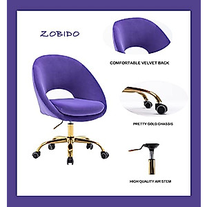 ZOBIDO Comfy Home Office Task Chair with Wheels, Cute Modern Upholstered Velvet Seashell Back Adjustable Swivel Vanity Desk Chair, for Women, for Kids, for Girls, Living Room, Bedroom (Purple)