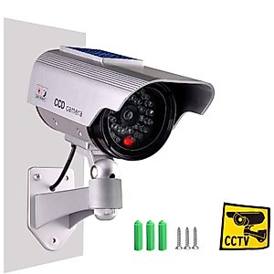 ISEEUSEE Dummy Fake Security Camera, Solar Powered Fake Surveillance Camera with Flash LED Dummy Bullet Simulated CCTV Camera,Indoor Outdoor Use Good for Home/Office/Shop/Garage - Silver Color