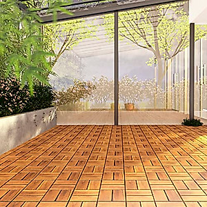Wood Interlocking Flooring Tiles (Pack of 10, 12" x 12"), Solid Wood Acacia Deck Tiles Interlocking, Patio Tiles Outdoor Interlocking Waterproof All Weather (8 slat, Natural Color)