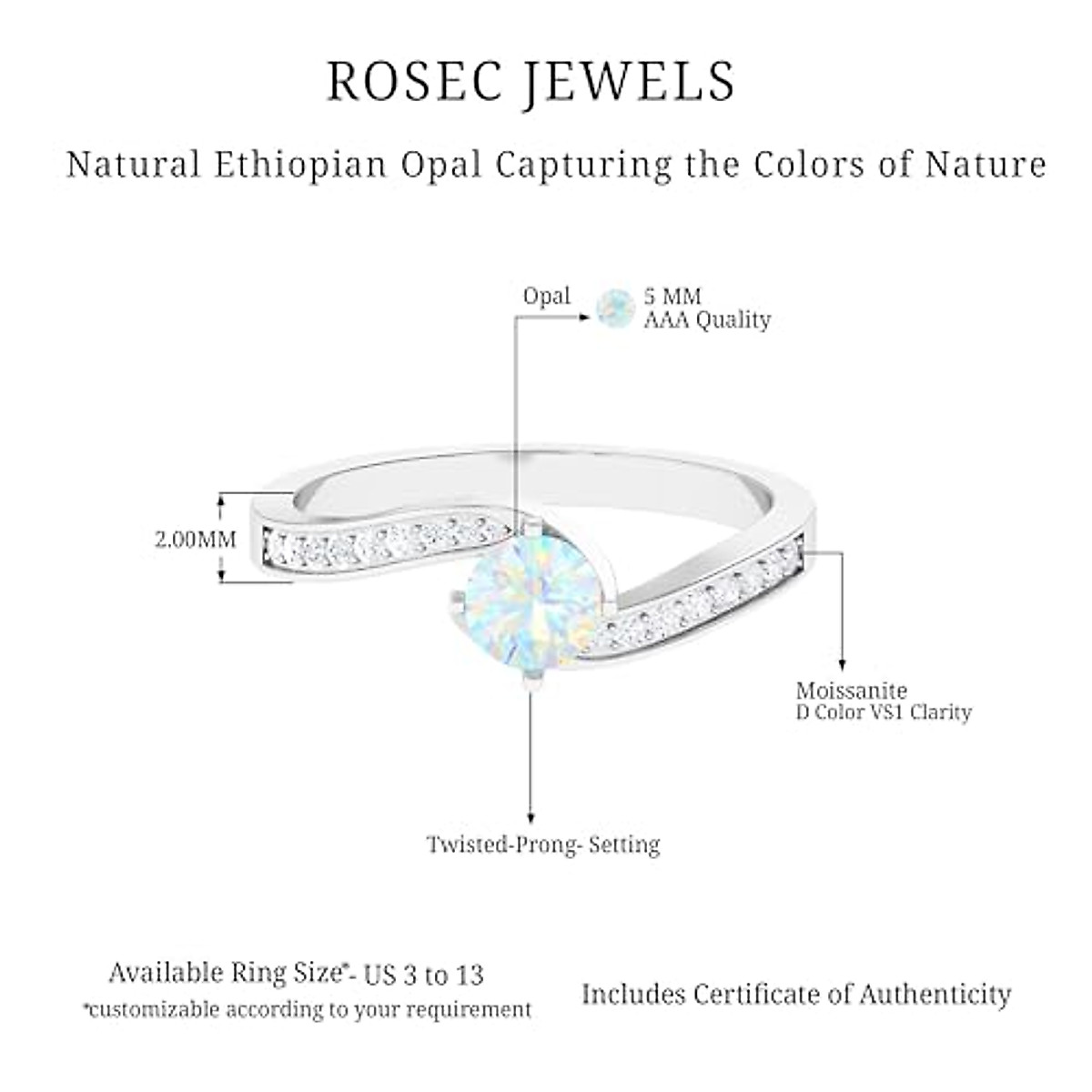 Certified 5 MM Opal Round Engagement Ring, AAA Quality, Natural Ethiopian Opal Solitaire Ring with Moissanite, 14K White Gold, Size:US 8.00