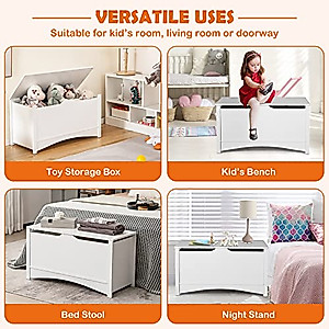Costzon Wooden Toy Box, 36” Kids Large Storage Trunk Bench Organizer with Safety Hinges, Children's Home Playroom Bedroom Furniture, Easy Assembly, Toy Chest for Girls, Boys (White)
