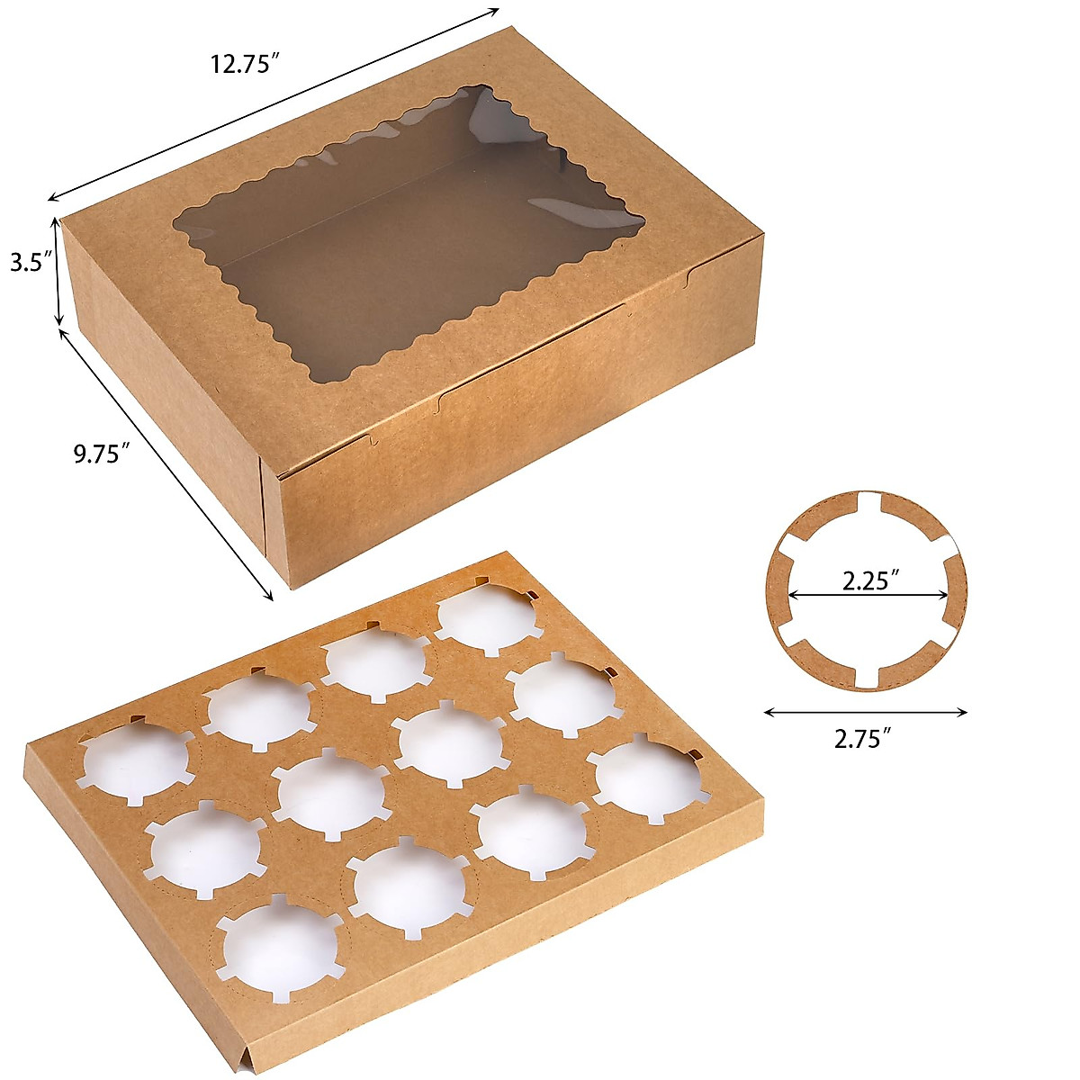 Jucoan 20 Pack Kraft Cupcake Boxes Containers with Clear Display Window, Brown Cake Trays Holder for Cookies, Muffins Pastries, Holding 12 Standard Cupcakes for Valentines Day Party