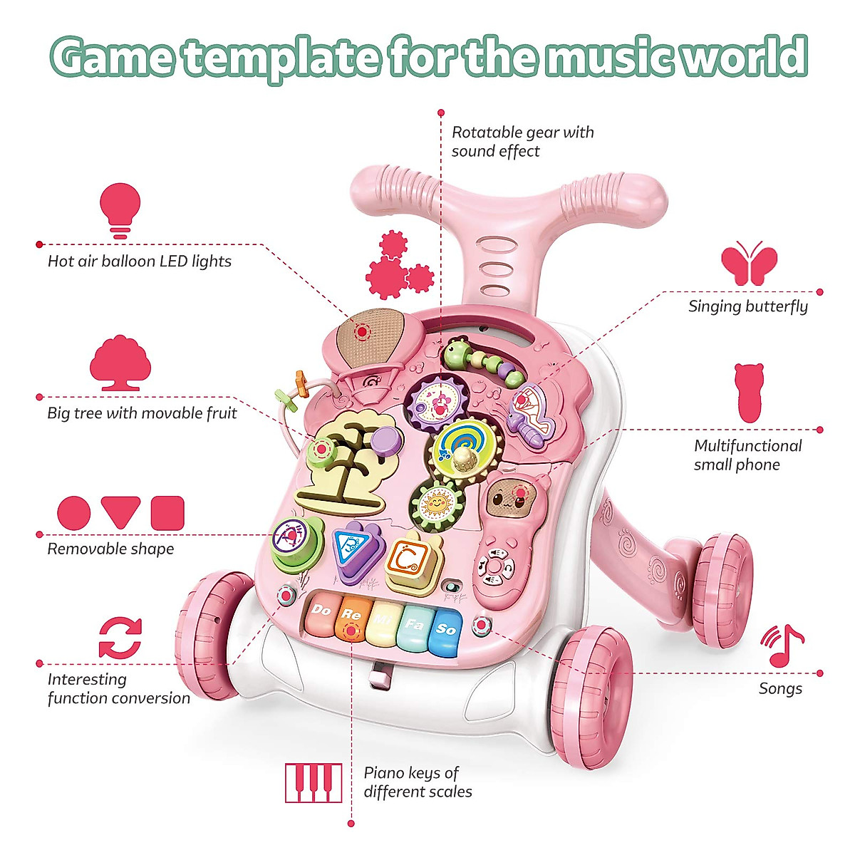 Baby Learning Walker Sit-to-Stand Baby Walker with Wheels Entertainment Table Kids Early Educational Activity Center, Baby Push Walkers for Boys and Girls, Pink