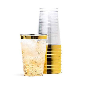 Tebery 100 Pack Clear Plastic Cups Party Glasses, 16Oz Disposable Cups Plastic Tumblers, Elegant Party Tumblers Cups Wedding Cups with Gold Rim
