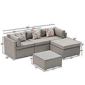 SUNBURY 5-Pieces Outdoor Furniture Set, All-Weather Wicker Patio Conversation Sets Sectional Sofa w 3 Pillows, Cushions, Coffee Table, Ottoman, Patio Furniture Set for Backyard Garden Pool (Grey)