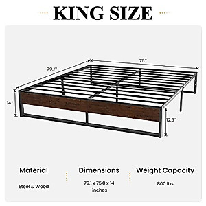 SHA CERLIN 14'' King Size Metal Platform Bed Frame with Rustic Wood & Reverse Holes/Ample Under-Bed Storage Space/Mattress Foundation/No Box Spring Needed/Easy Assembly/Noise Free, Metal Slats