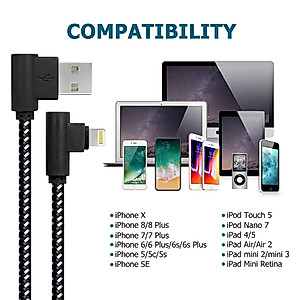 [3 Pack] Right Angle Charging Cable Nylon Braided 90 Degree Elbow for Game Video Watch Compatible with iPhone Xs Max/XS/XR/7/7Plus/X/8/8Plus/6S/6S Plus/SE (3ft, Black White)