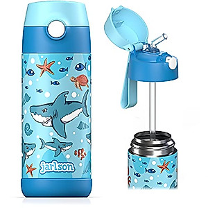 JARLSON kids water bottle with straw - CHARLI - insulated stainless steel water bottle - thermos - girls/boys (Shark 'Star', 12 oz)