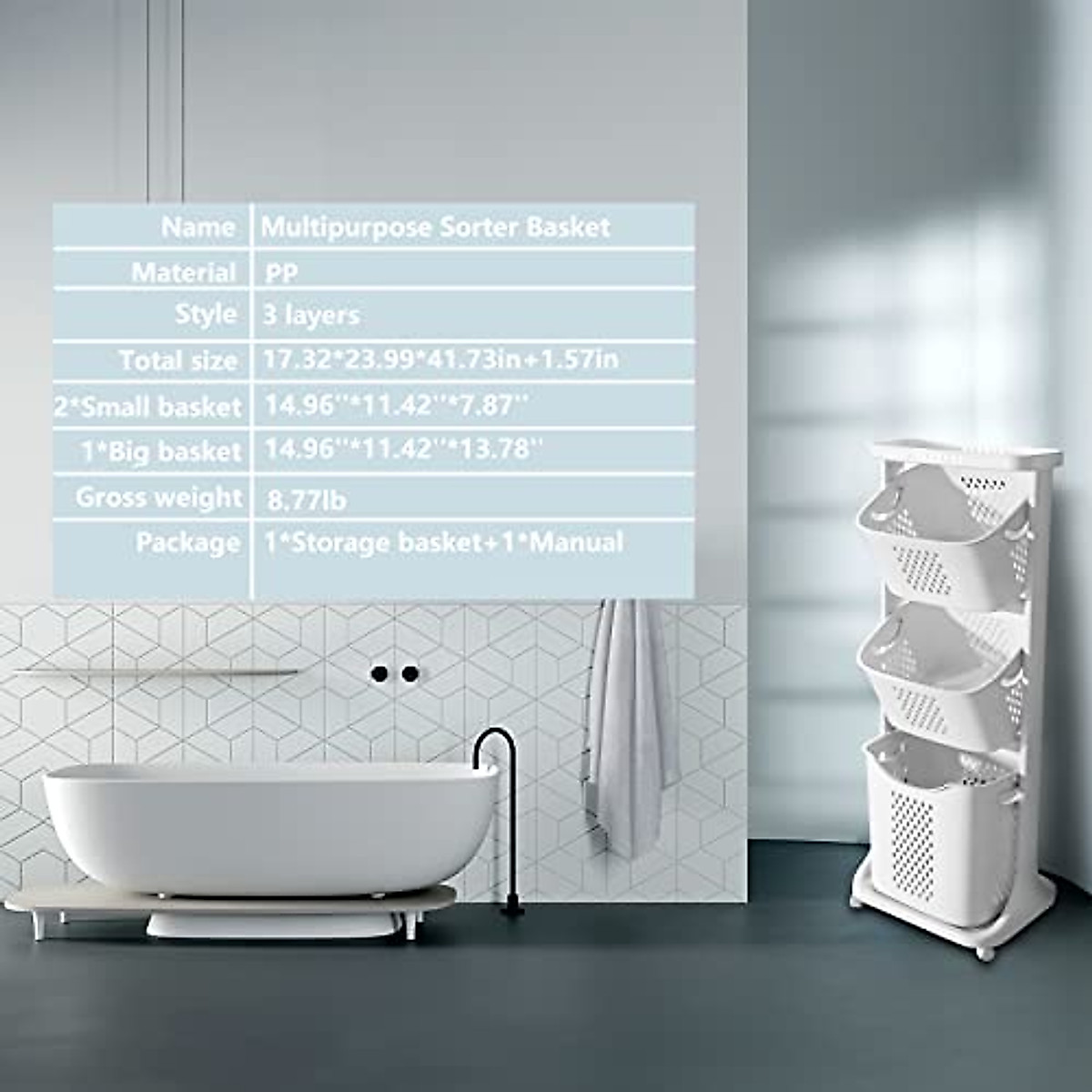 DNYSYSJ 3 Tier Laundry Storage Basket, Rolling Laundry Cart with Wheels, Laundry Sorter Hamper, Multipurpose Sorter Basket