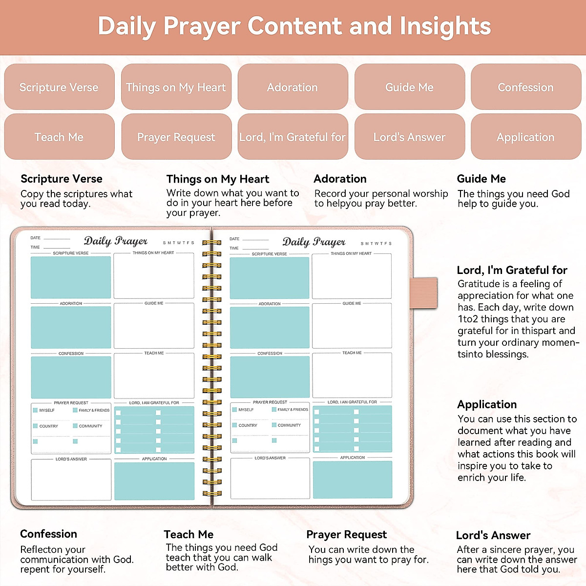 Regolden-Book Prayer Journal for Women, Daily Bible Journal, Devotional Journal, Verse Inspirational Writing Spiral Notebook for Christian Gifts, Lasts 6 Months (8.5x5.5”), Rose Gold