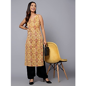 Bani Women Printed Sleeveless Kurta with Adjustable Shoulder Strap Ethnic Indian Ready to Wear Kurti for Girls Yellow