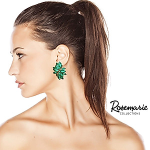 Rosemarie Collections Women's Dazzling Crystal Marquis Leaf Cluster Statement Clip On Earrings, 1.87" (Green Emerald Crystal Gold Tone)