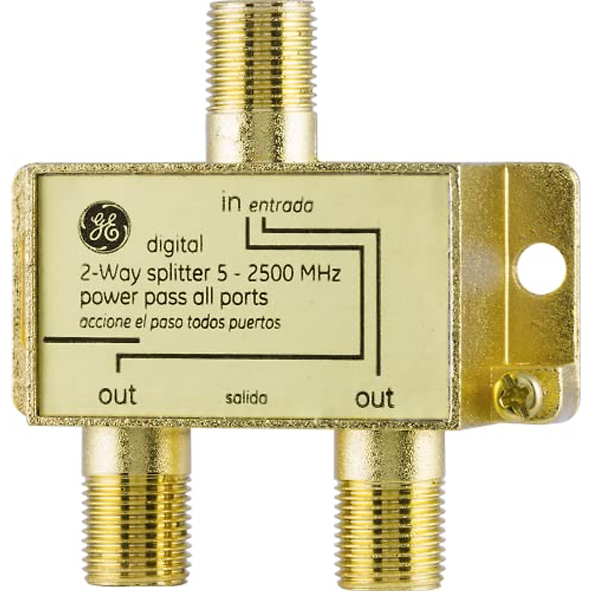 GE Digital 2-Way Coaxial Cable Splitter, 2.5 GHz 5-2500 MHz, RG6 Compatible, Works with HD TV, Satellite, High Speed Internet, Amplifier, Antenna, Gold Plated Connectors, Corrosion Resistant, 33526
