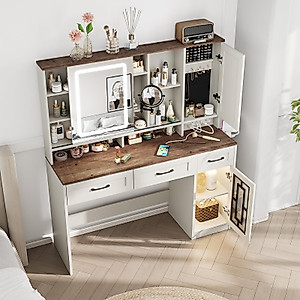 Maupvit Vanity Desk with Mirror and Lights, Makeup Table with Drawers & Jewelry Cabinet, Large Vanity with Storage, Bedroom Dressing Table (White)