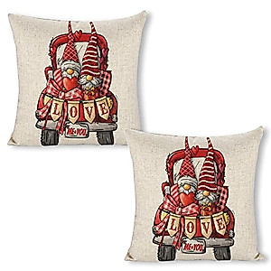 Love Gnomes Truck Throw Pillow Covers 18×18 Pillowcases Set of 2 Valentine's Day Cute Linen Decorative Square Pillow Case Cushion Covers Standard Size for Sofa Couch Outdoor Bed Pillow Protectors