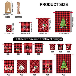 Aneco 12 Pieces Christmas Drawstring Gift Bag with Drawstrings Red and Black Buffalo Plaid Fabric Bag with Drawstring Cotton Xmas Candy Bags with 24 Tags Rope, Assorted Sizes