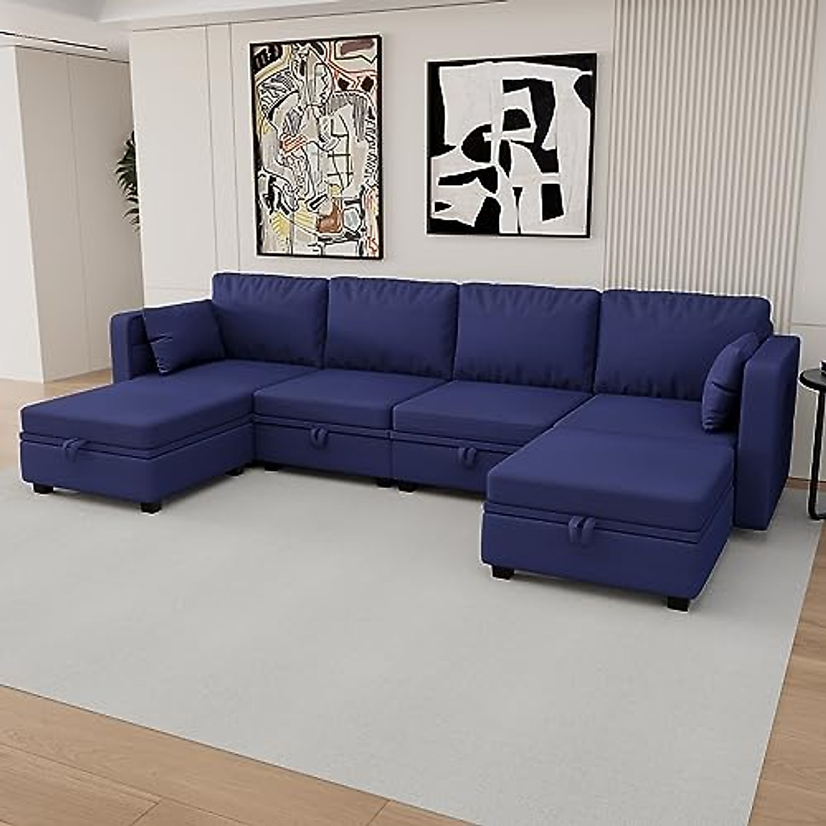 Xshelley Modular Sectional Sofa Couch with Storage Seat, U-Shaped Sectional Sofa with Lounge Chaise & Movable Ottoman, Living Room Furniture Sets (Blue)